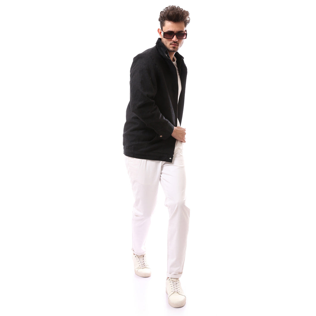 black_buttoned_mandarin_collar_polyester_coat – Andora