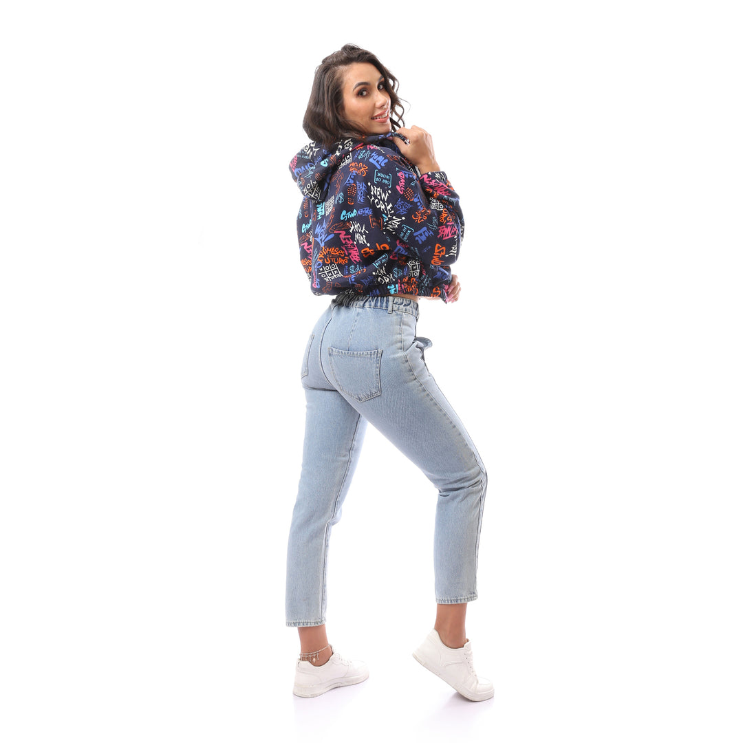 Navy Blue Printed Cropped Jacket – Andora
