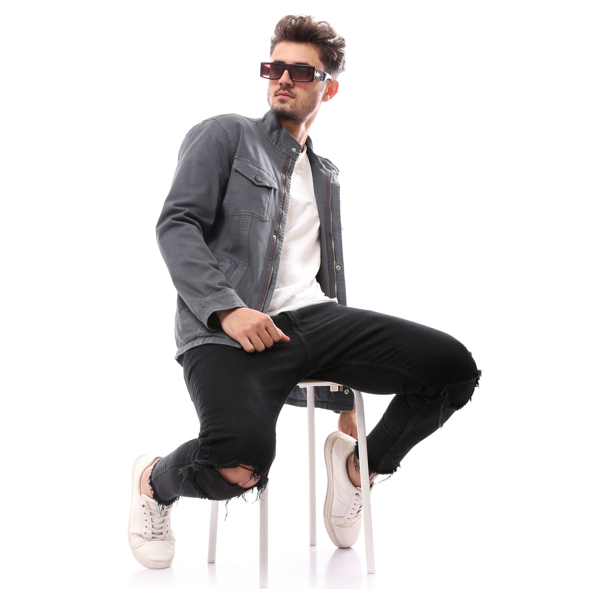 Polyester Grey Mandarin Collar Buttoned Jacket – Andora