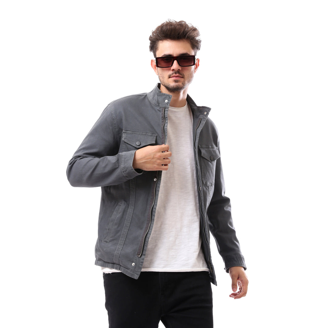 polyester_grey_mandarin_collar_buttoned_jacket – Andora