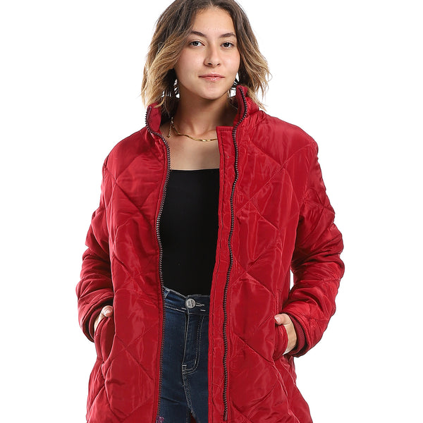Cherry Red Plain Zipper Waterproof Puffer Jacket – Andora