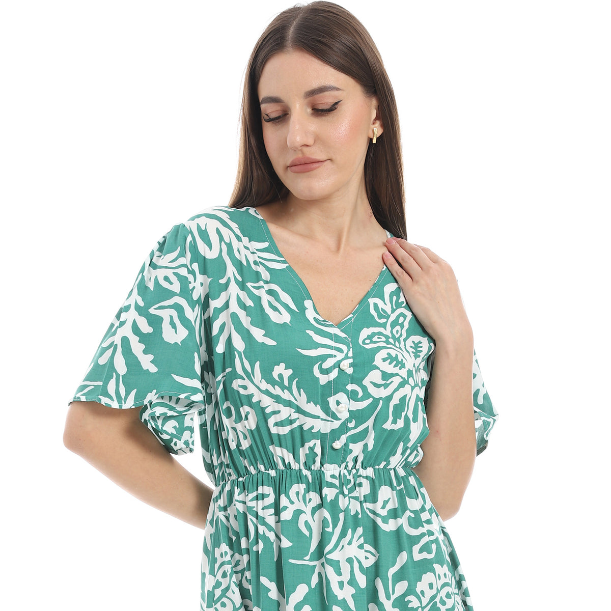 Short_Bell_Sleeves_V-Neck_Dress_-_Green_&_White – Andora