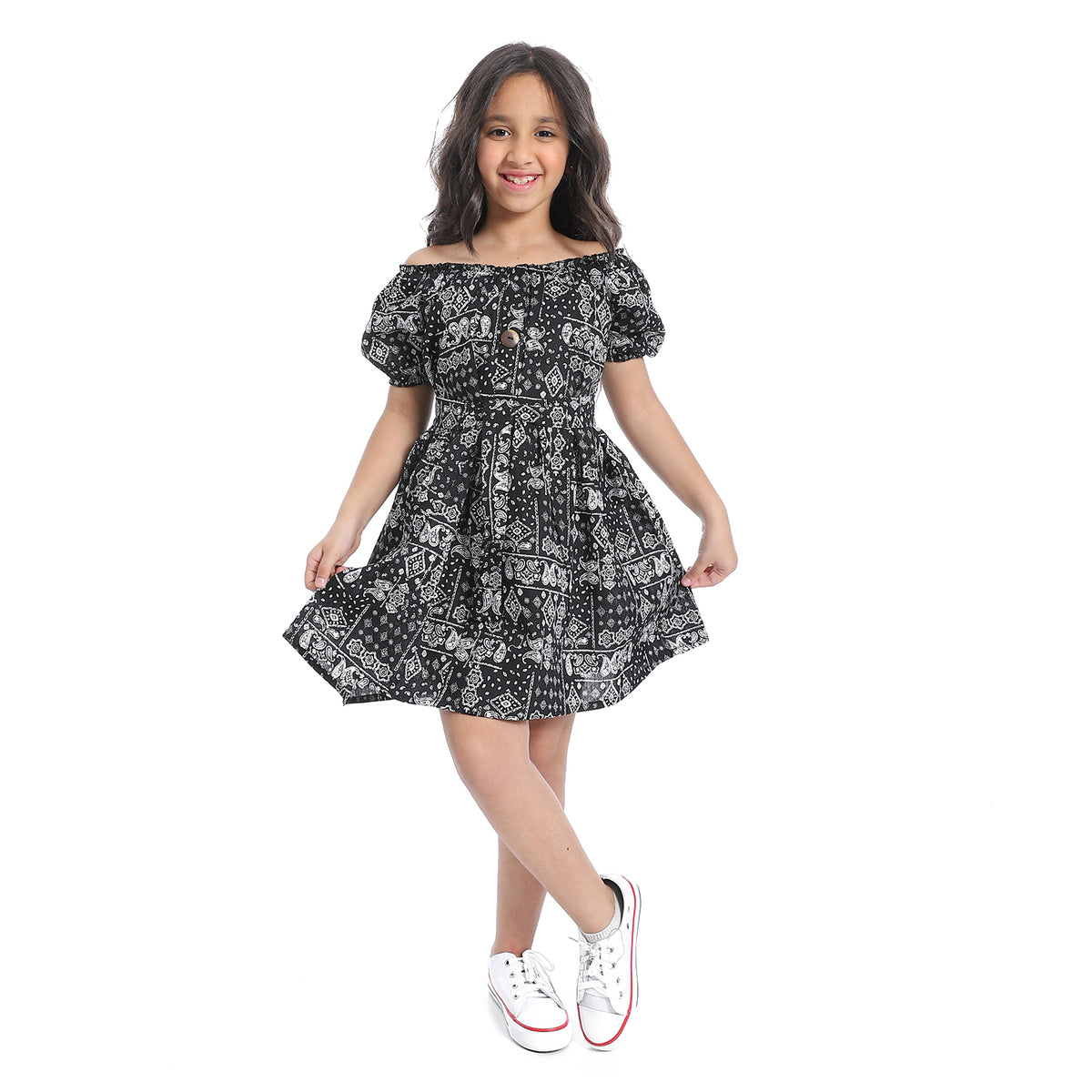 Off-Shoulders_Girls_Dress_With_Belt_-_Black_&White – Andora