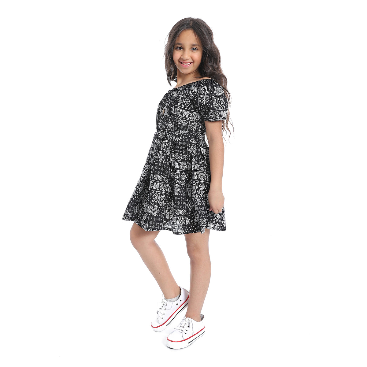 Off-Shoulders_Girls_Dress_With_Belt_-_Black_&White – Andora