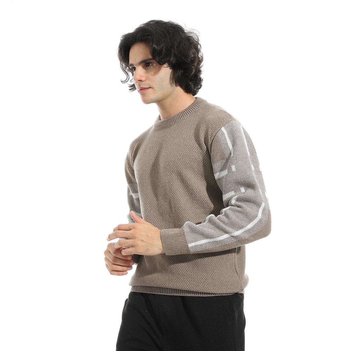 Self_Pattern_Round_Collar_Sweater_-_Dark_Beige_&_White – Andora