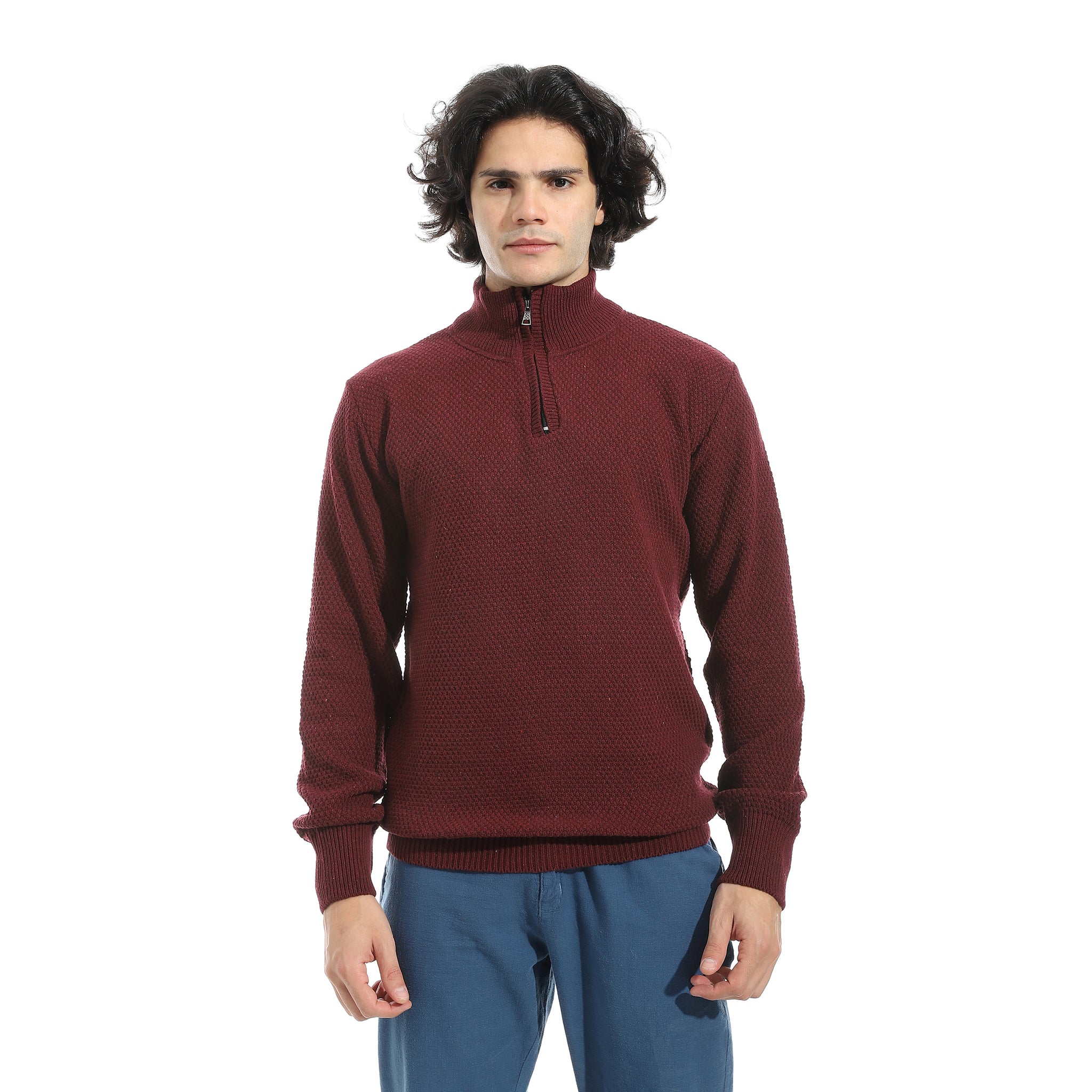 Plain_Self_Pattern_Zipper_Closure_Sweater_-_Dark_Red – Andora