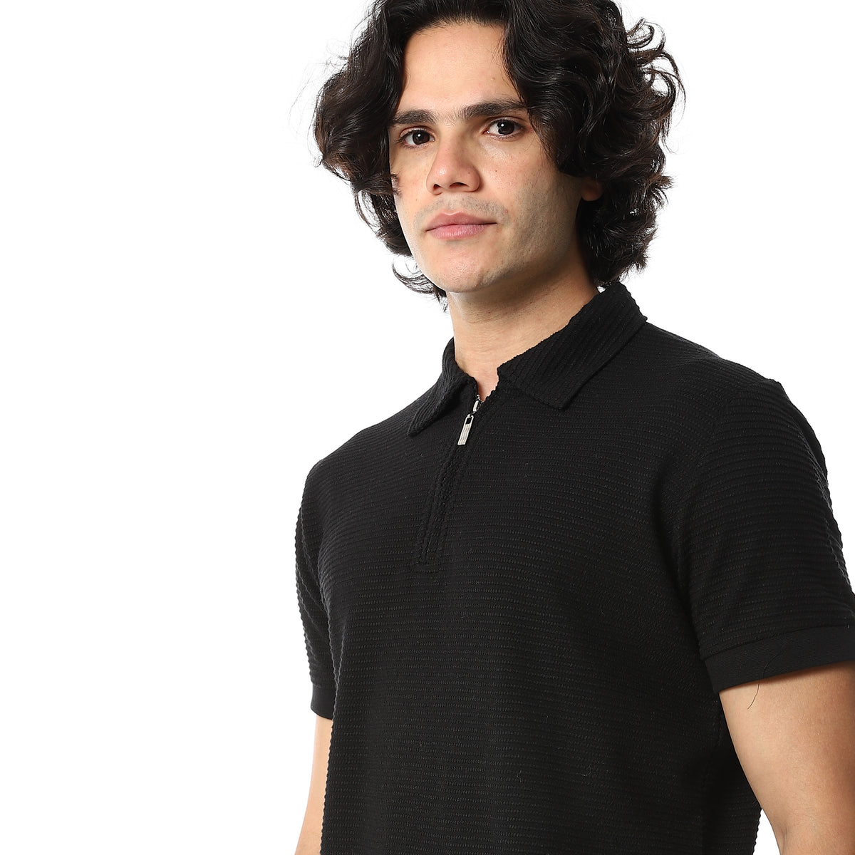 Half_Sleeves_Perforated_Turned_Down_Collar_Polo_Shirt_-_Black – Andora