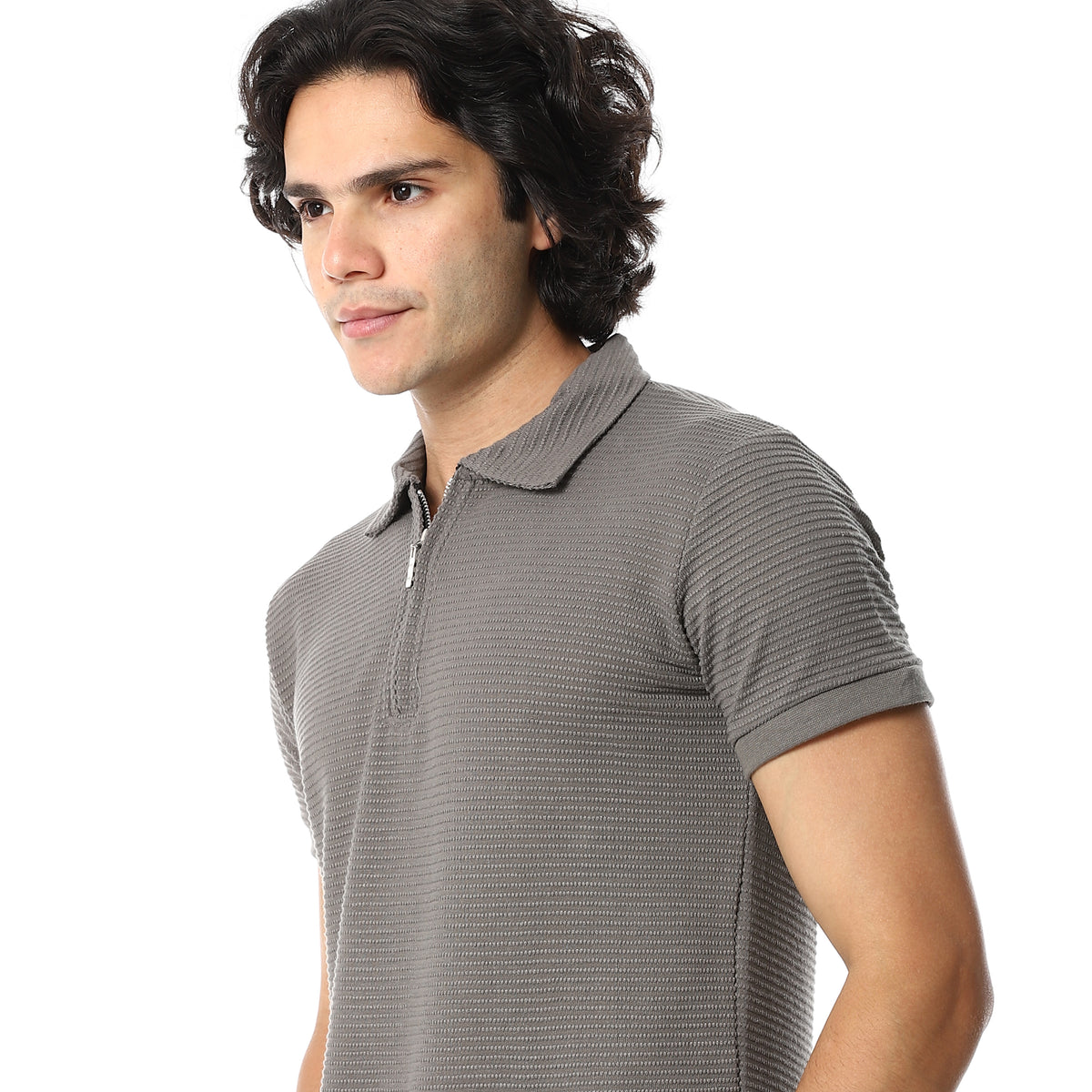 Half_Sleeves_Perforated_Turned_Down_Collar_Polo_Shirt_-_Grey – Andora