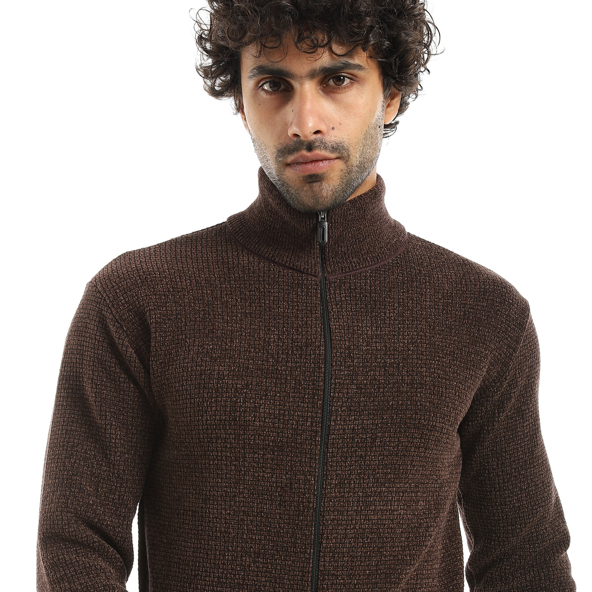 High_Collar_Velvet_Long_Sleeves_Zipper_Closure_Brown_Sweater_Brown – Andora