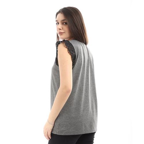 Cotton Top With Perforated Cap Sleeves - Grey – Andora